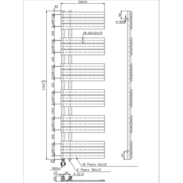 Radix Trosa Elektrische Designradiator 1700x500mm mat wit met ...